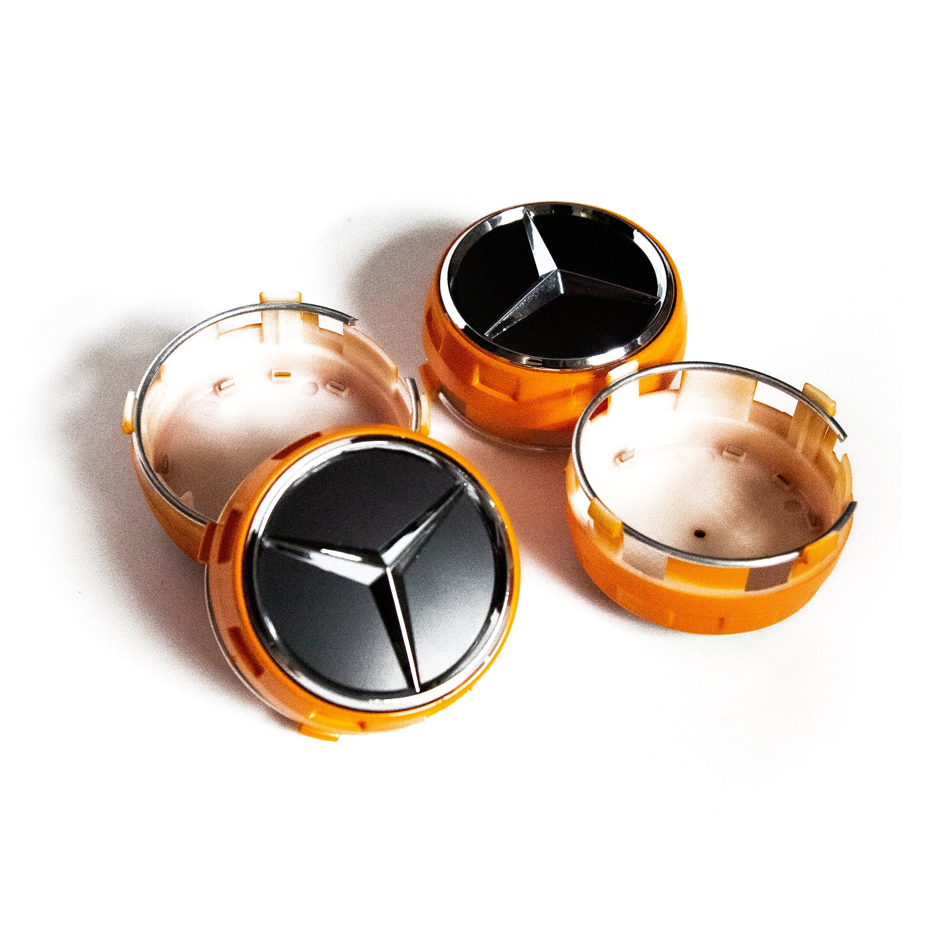 4X 75mm Matte Black / Chrome Logo Orange Raised Mercedes Benz Wheel ...